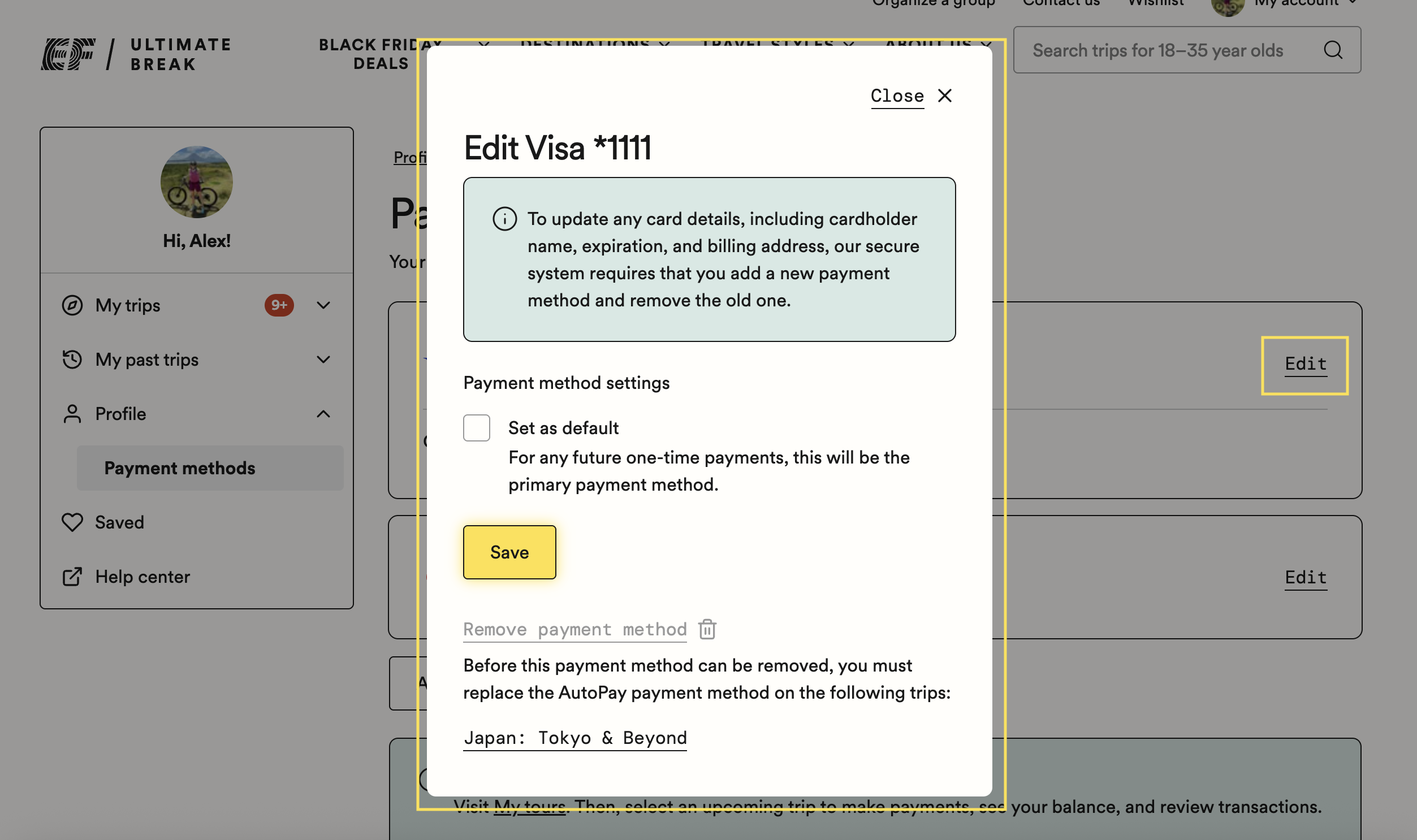 Managing payment methods – EF Ultimate Break