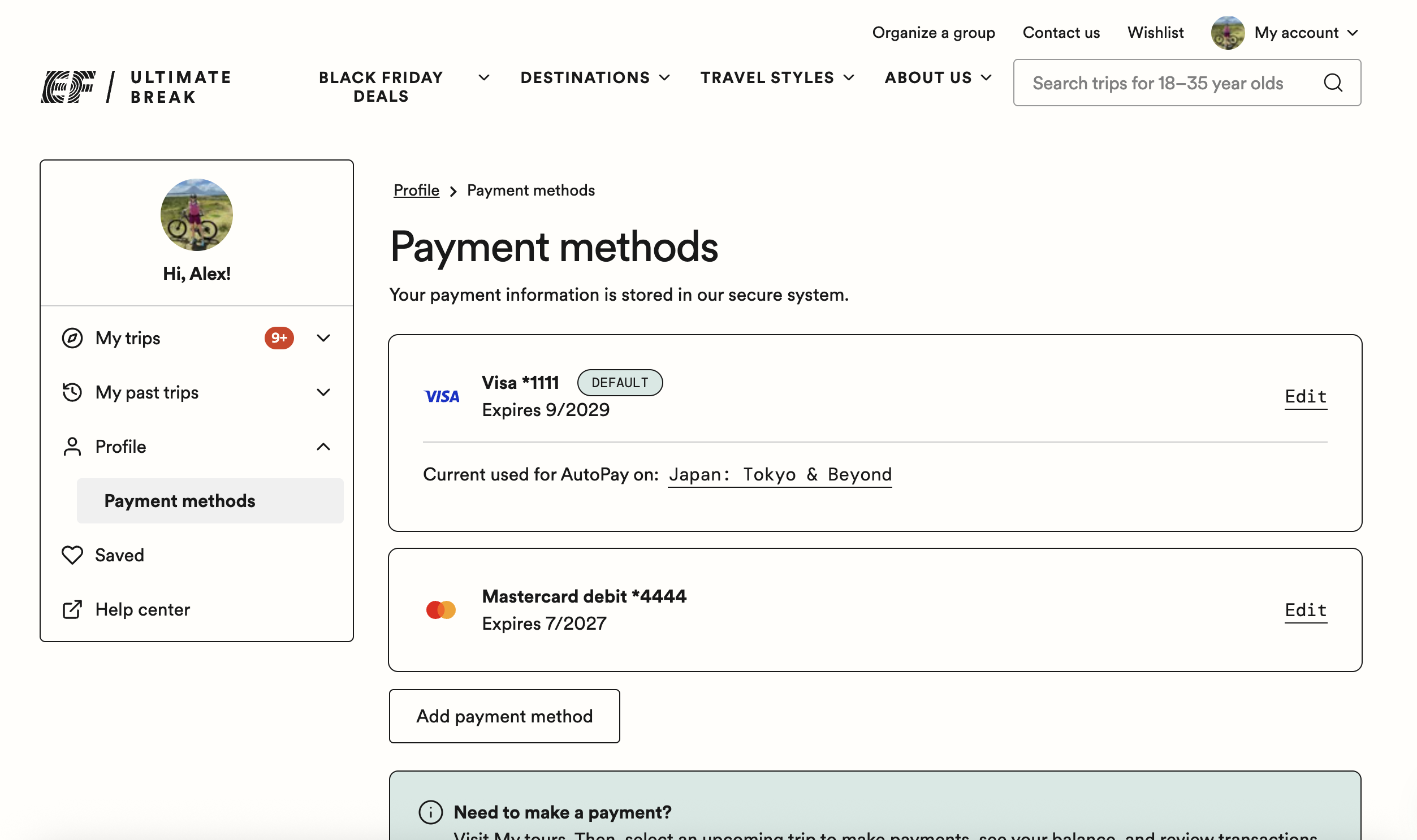 Managing payment methods – EF Ultimate Break